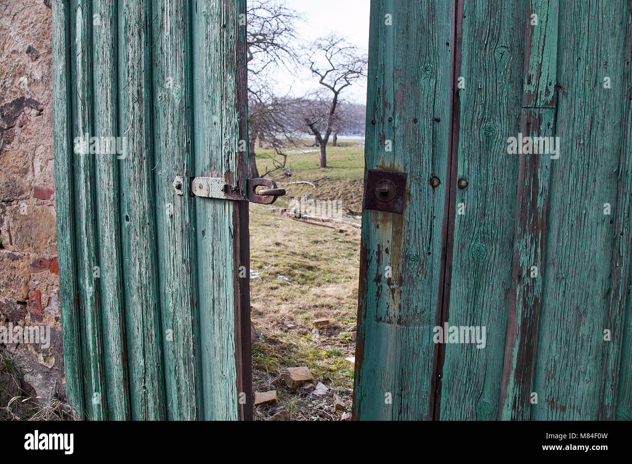 Look through an open old green wooden barn in an abandoned ruin with ...