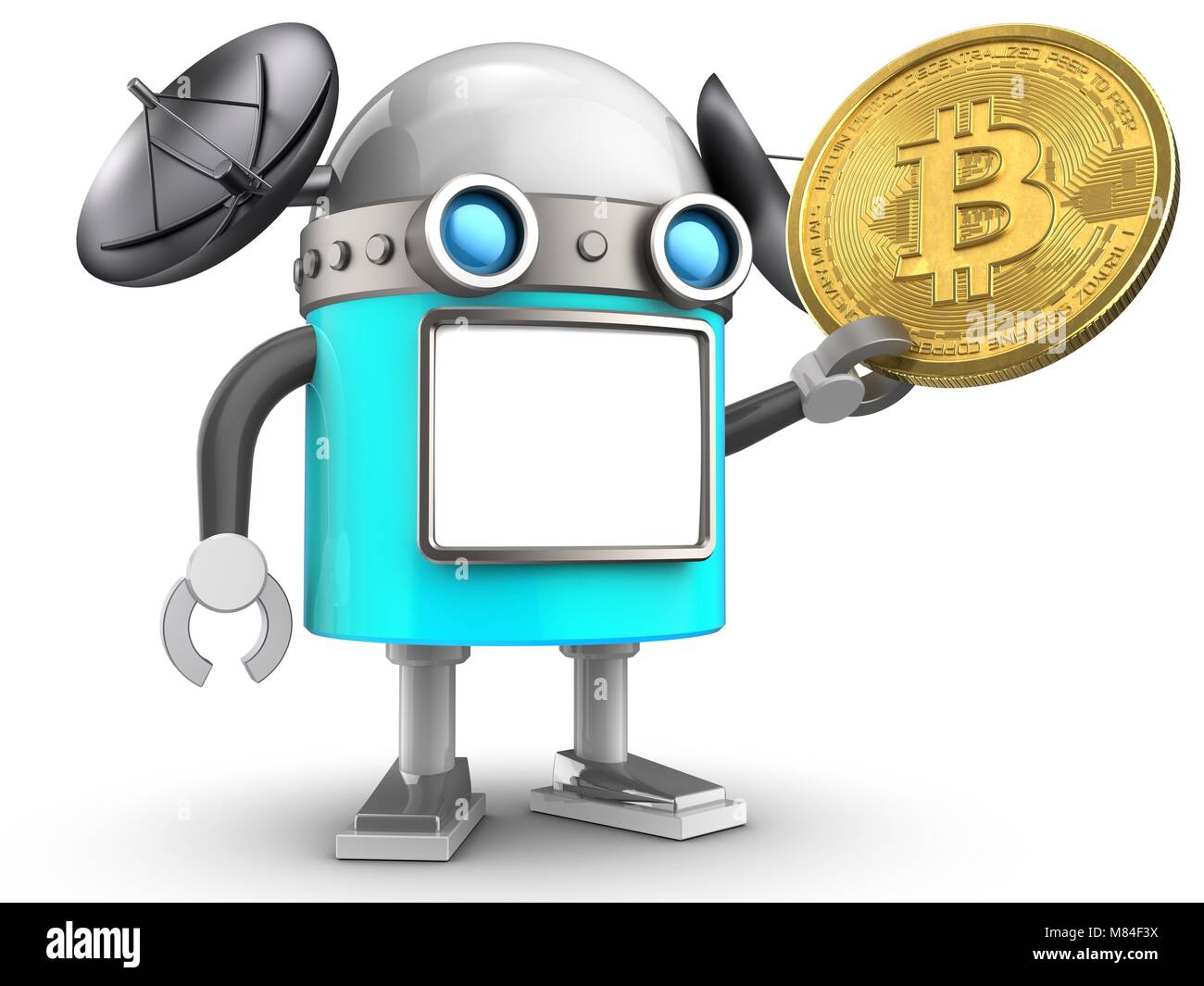 3d illustration of robot with with bitcoin over white background Stock ...