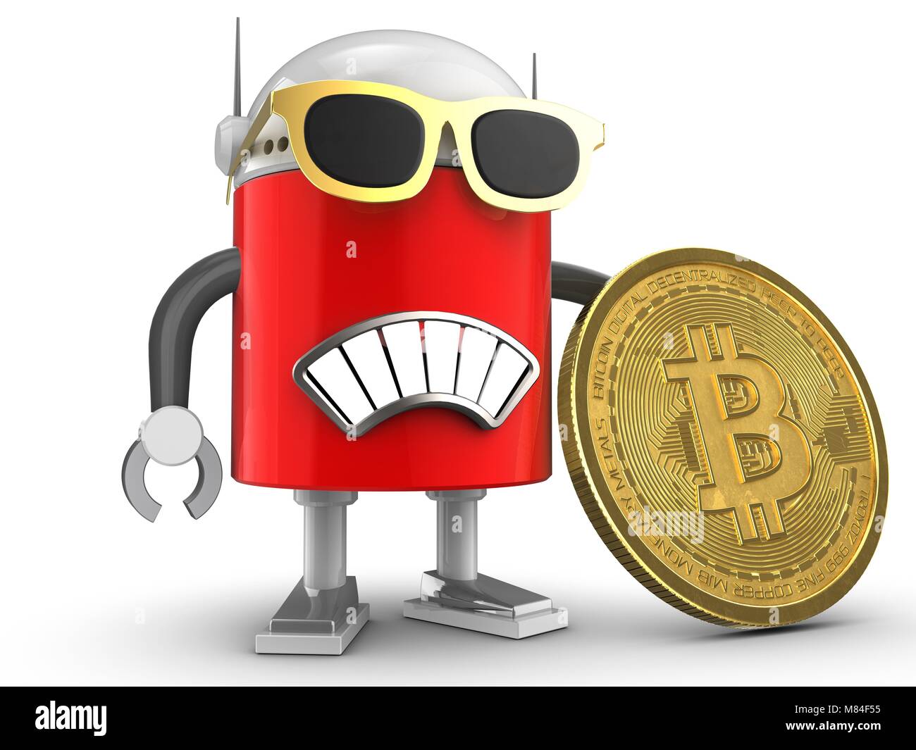 3d illustration of robot with with bitcoin over white background Stock ...