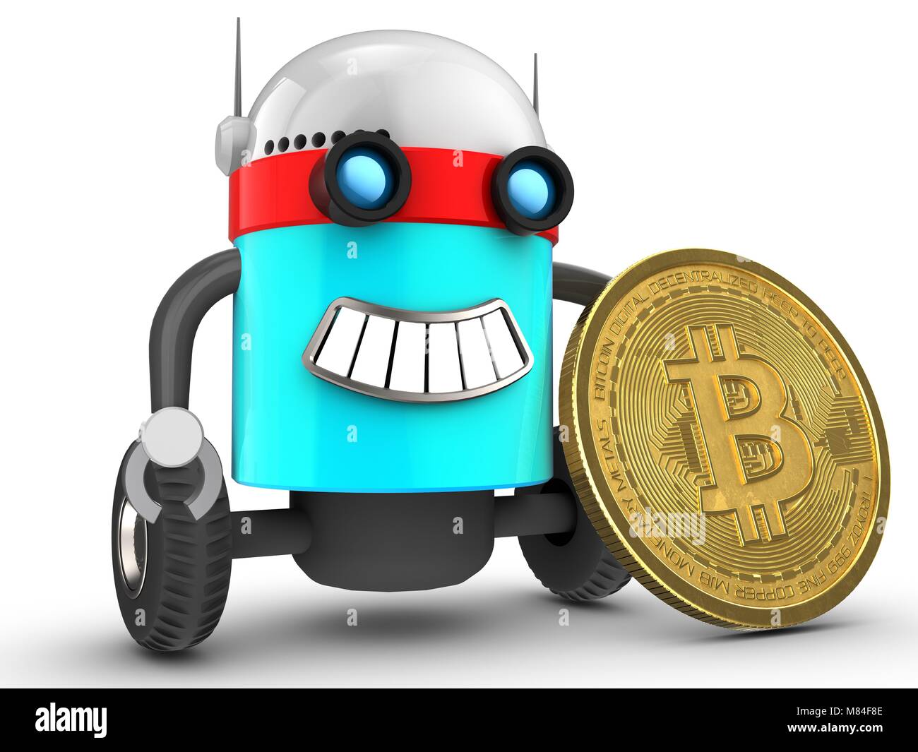 3d illustration of robot with with bitcoin over white background Stock ...