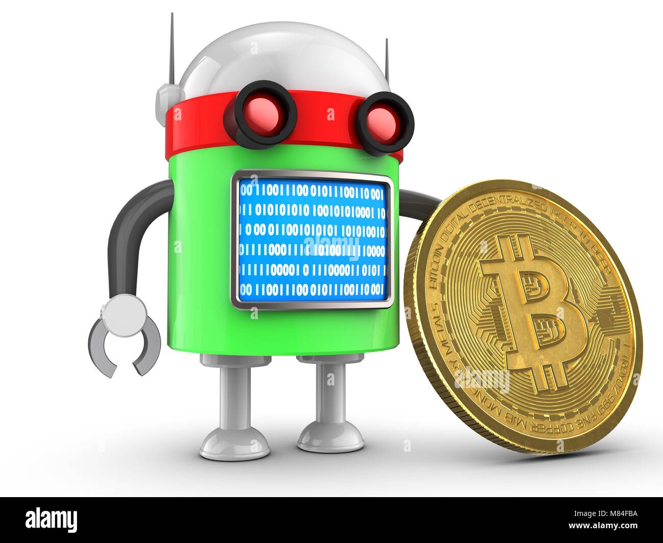 3d illustration of robot with bitcoin over white background Stock Photo ...