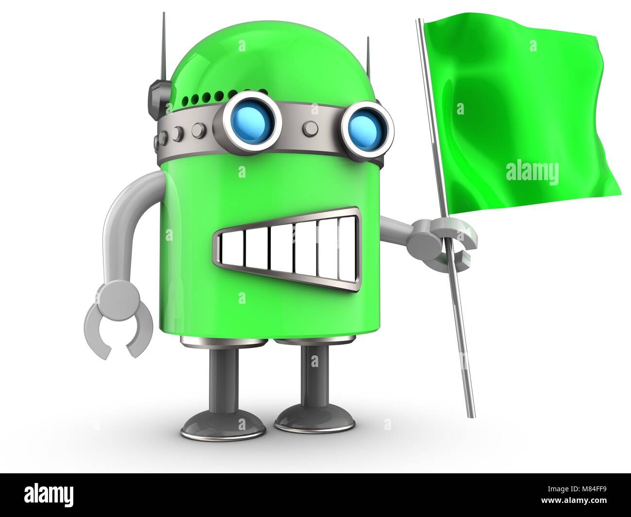 3d illustration of robot with green flag over white background Stock ...