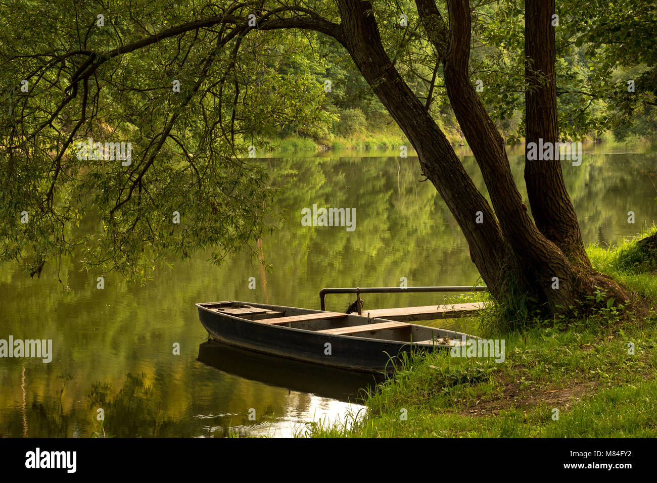 Boat tree riverbank grass hi-res stock photography and images - Alamy