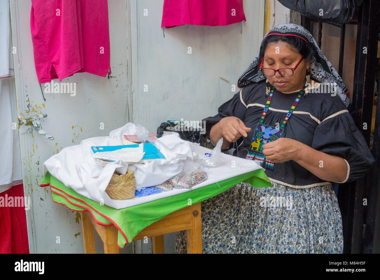 mexico city, Mexico, Native Mexican woman in traditional huichol ...