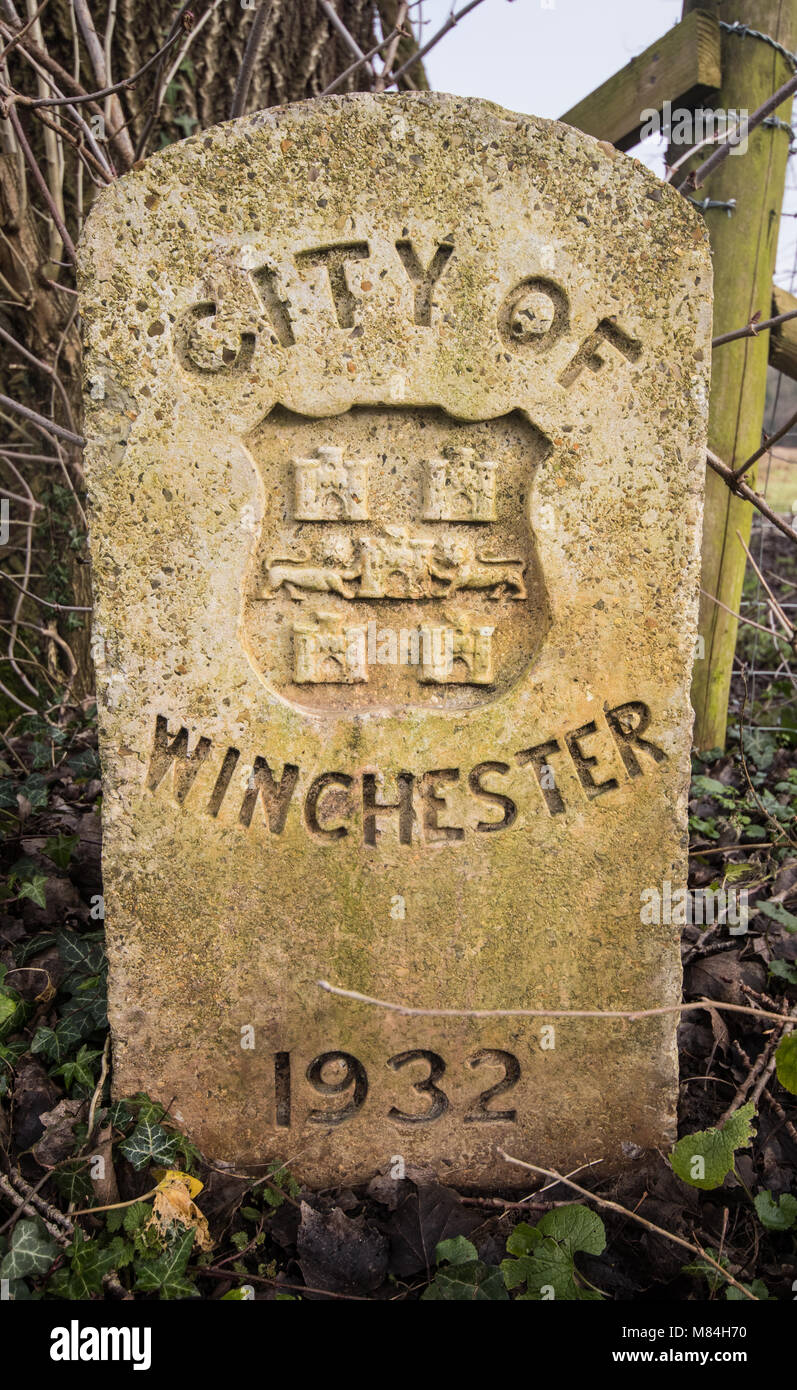 Stone sign for the City of Winchester near the Itchen Navigation ...
