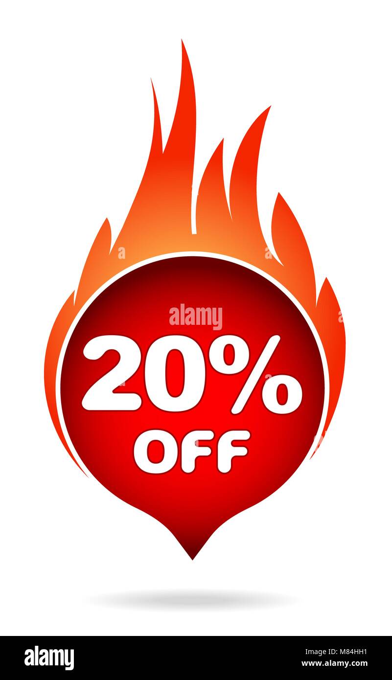 20 percent off red blazing speech bubble, sticker, label or icon with ...