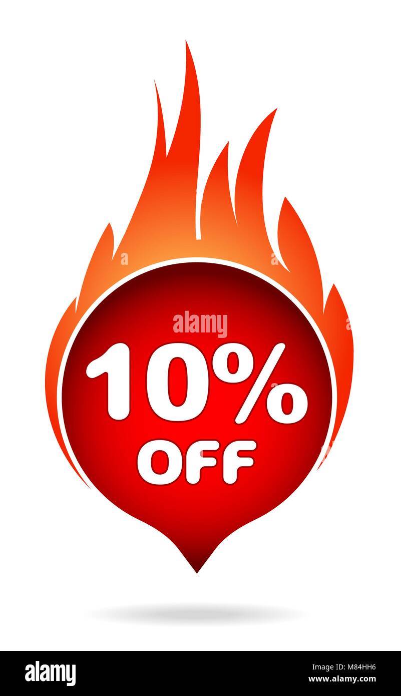 10 percent off red blazing speech bubble, sticker, label or icon with ...