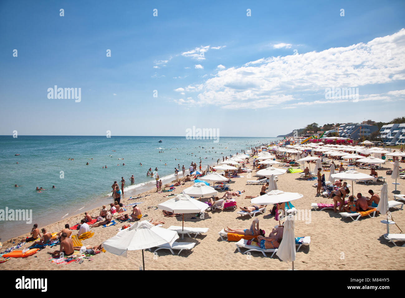 BYALA, BULGARIA -AUGUST 15: Crowded beach with tourists in summer on ...