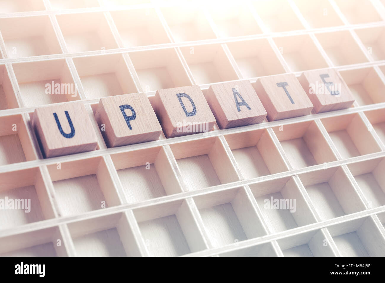 Closeup Of The Word Update Formed By Wooden Blocks In A Typecase Stock ...