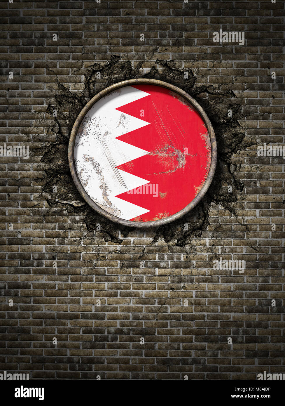 3d rendering of a Bahrain flag over a rusty metallic plate embedded on ...