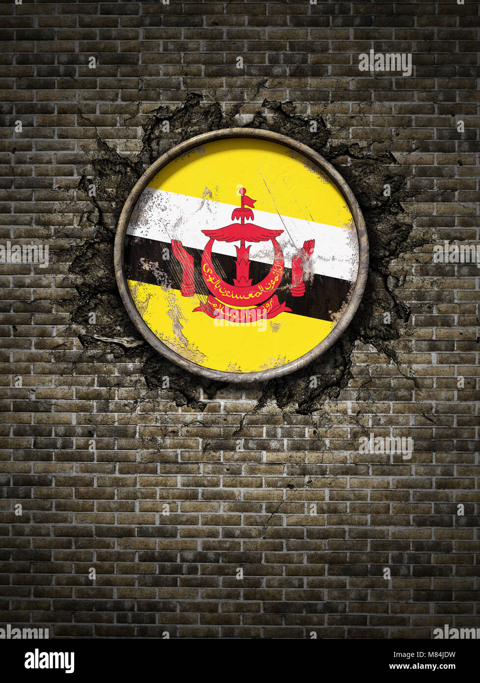 3d rendering of a Brunei flag over a rusty metallic plate embedded on ...