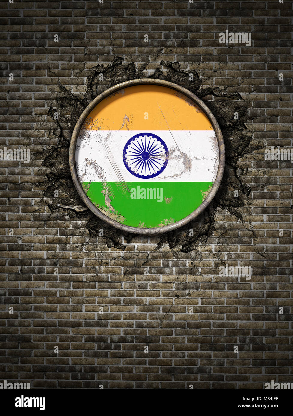 3d rendering of an India flag over a rusty metallic plate embedded on ...