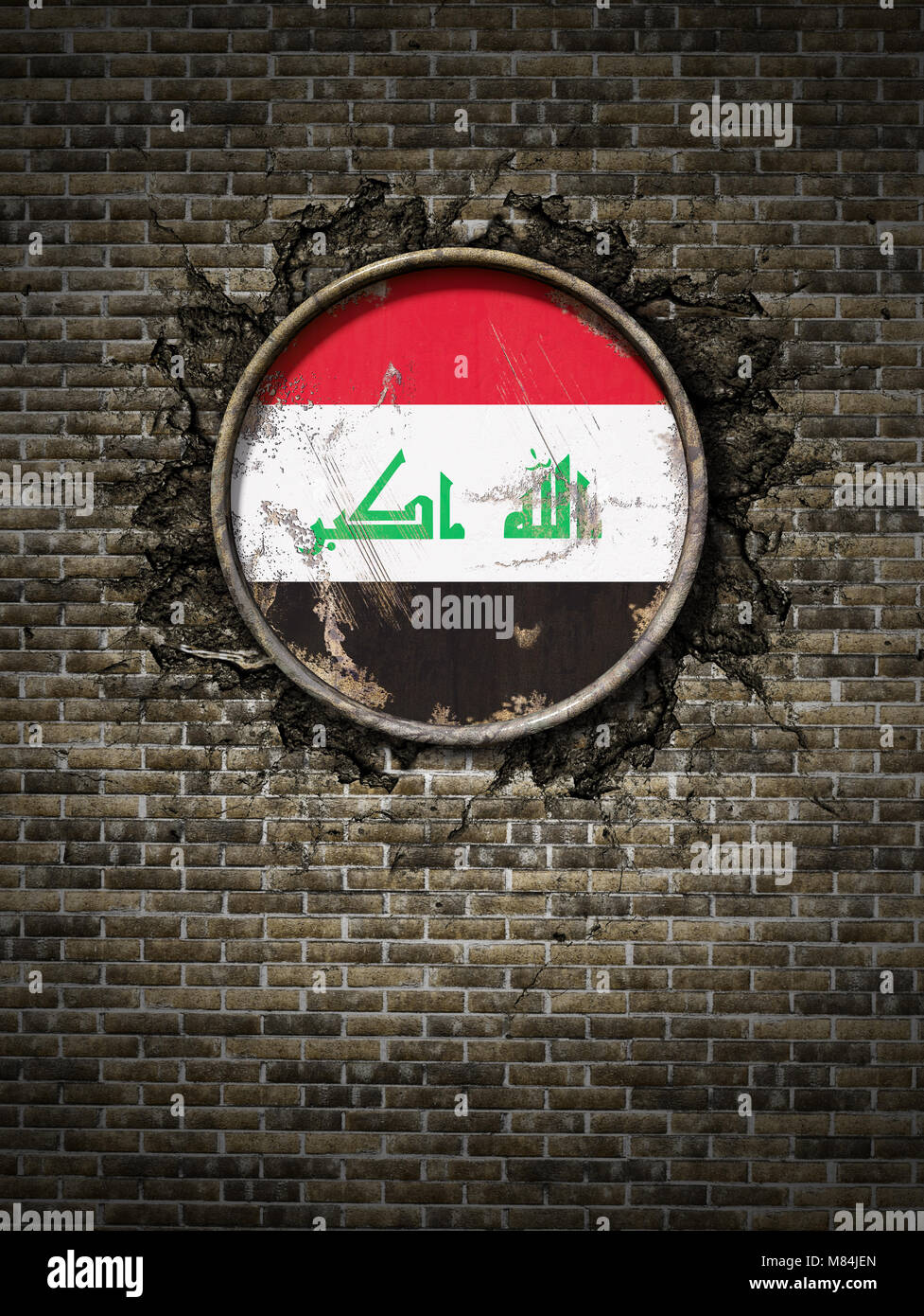 3d rendering of an Iraq flag over a rusty metallic plate embedded on an ...
