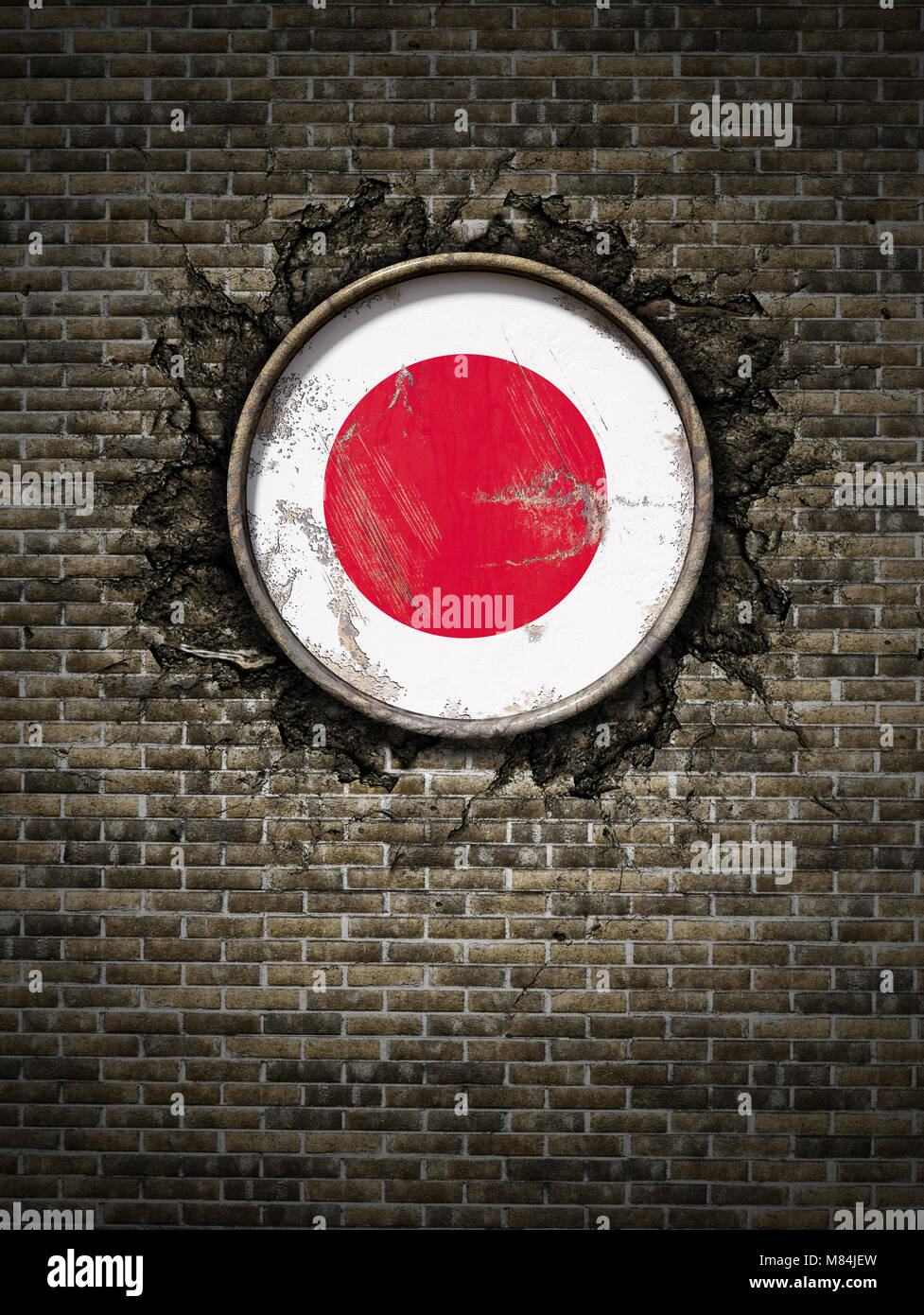 3d rendering of a Japan flag over a rusty metallic plate embedded on an ...