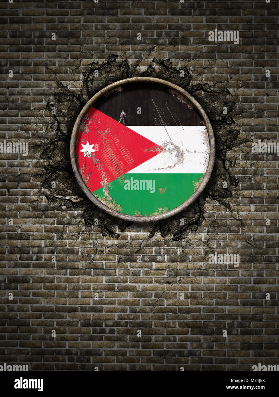 3d rendering of a Jordan flag over a rusty metallic plate embedded on ...