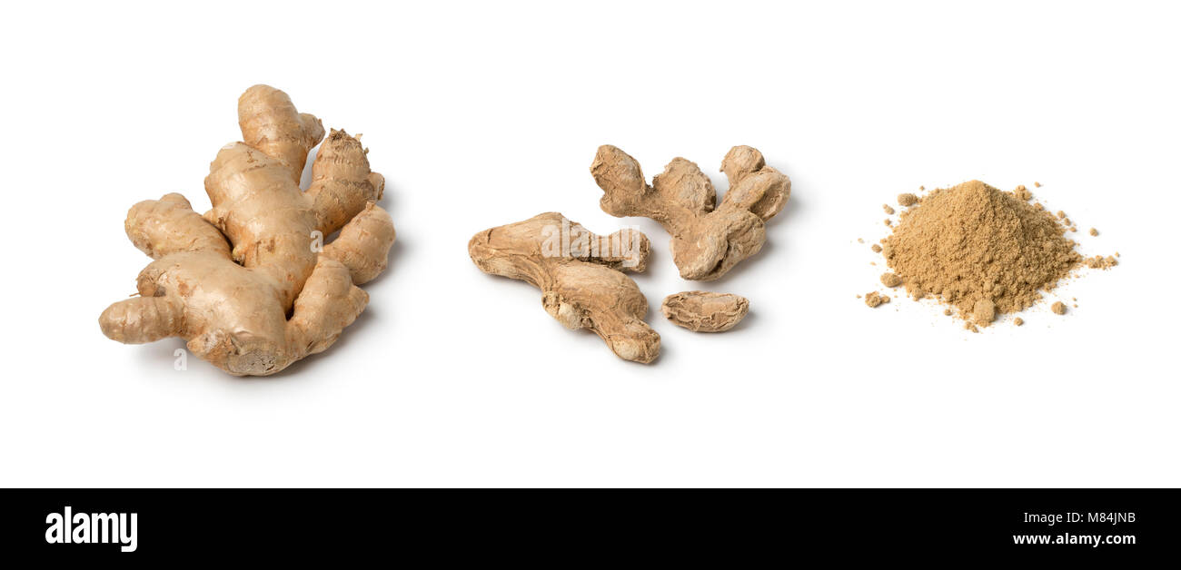 Fresh, dried and powder gingerl isolated on white background Stock ...