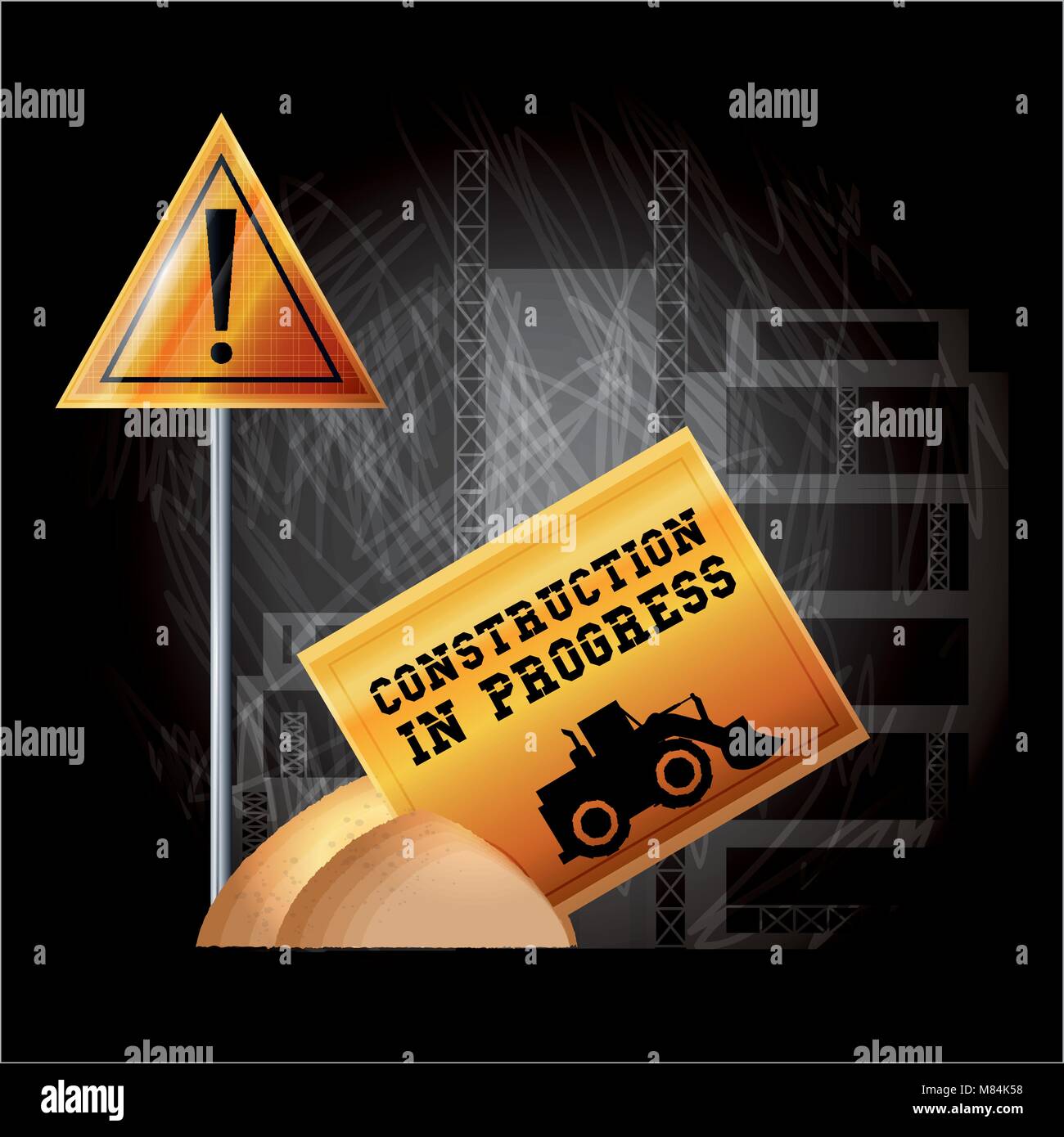 Construction progress design with warning sign and board with excavator ...