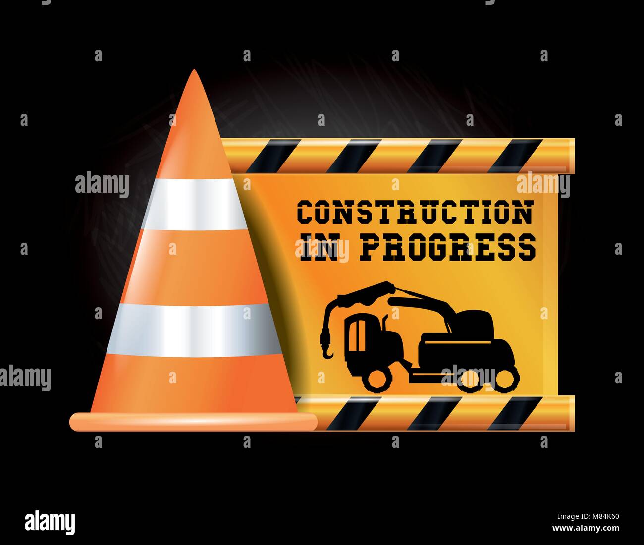 Construction progress design with warning cone and construction truck ...