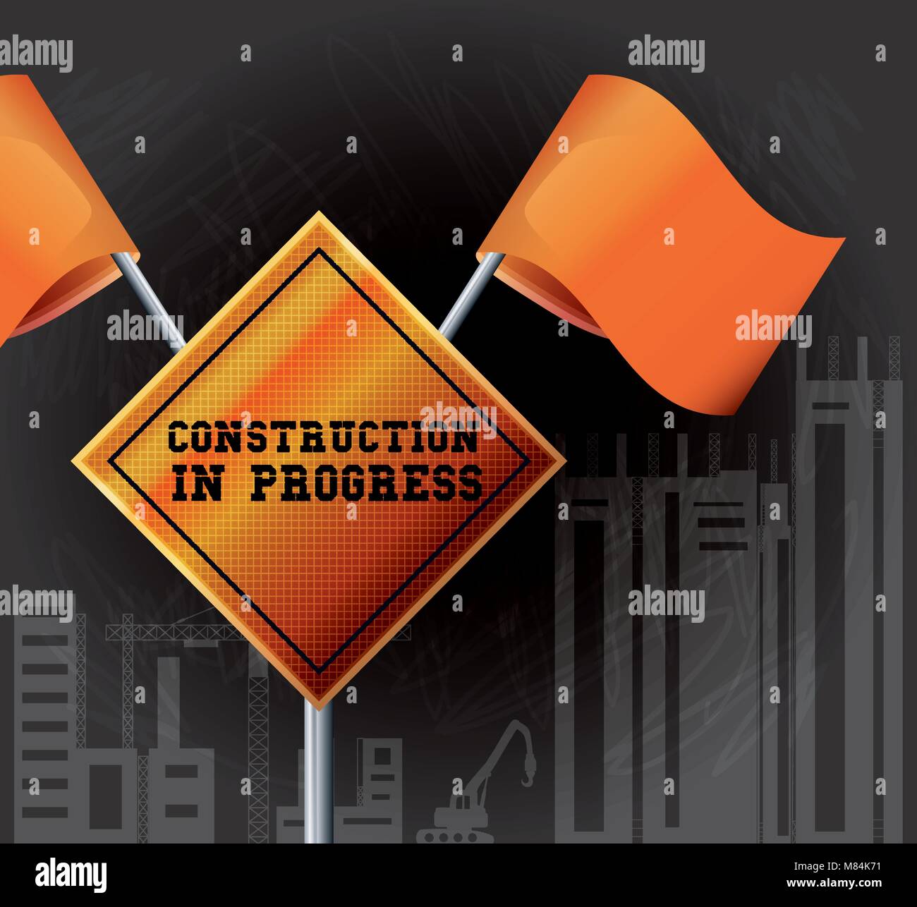 Construction progress design with warning sign and flags, colorful ...
