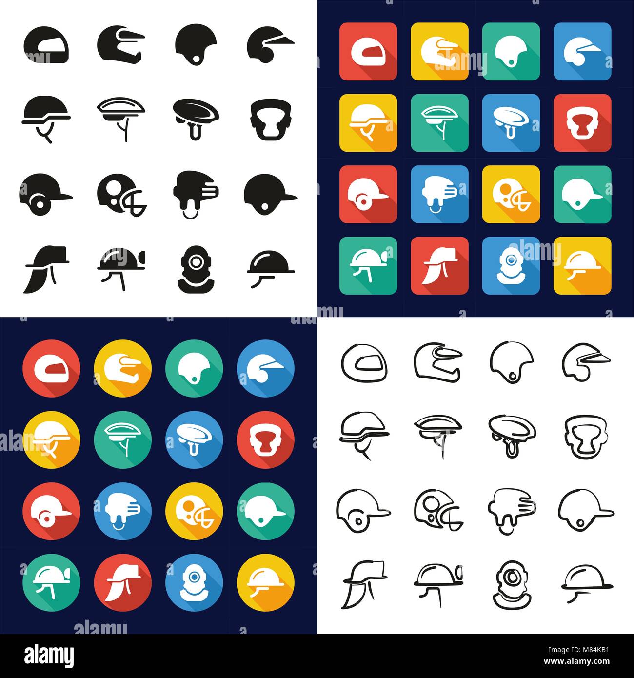 Helmet All in One Icons Black & White Color Flat Design Freehand Set ...