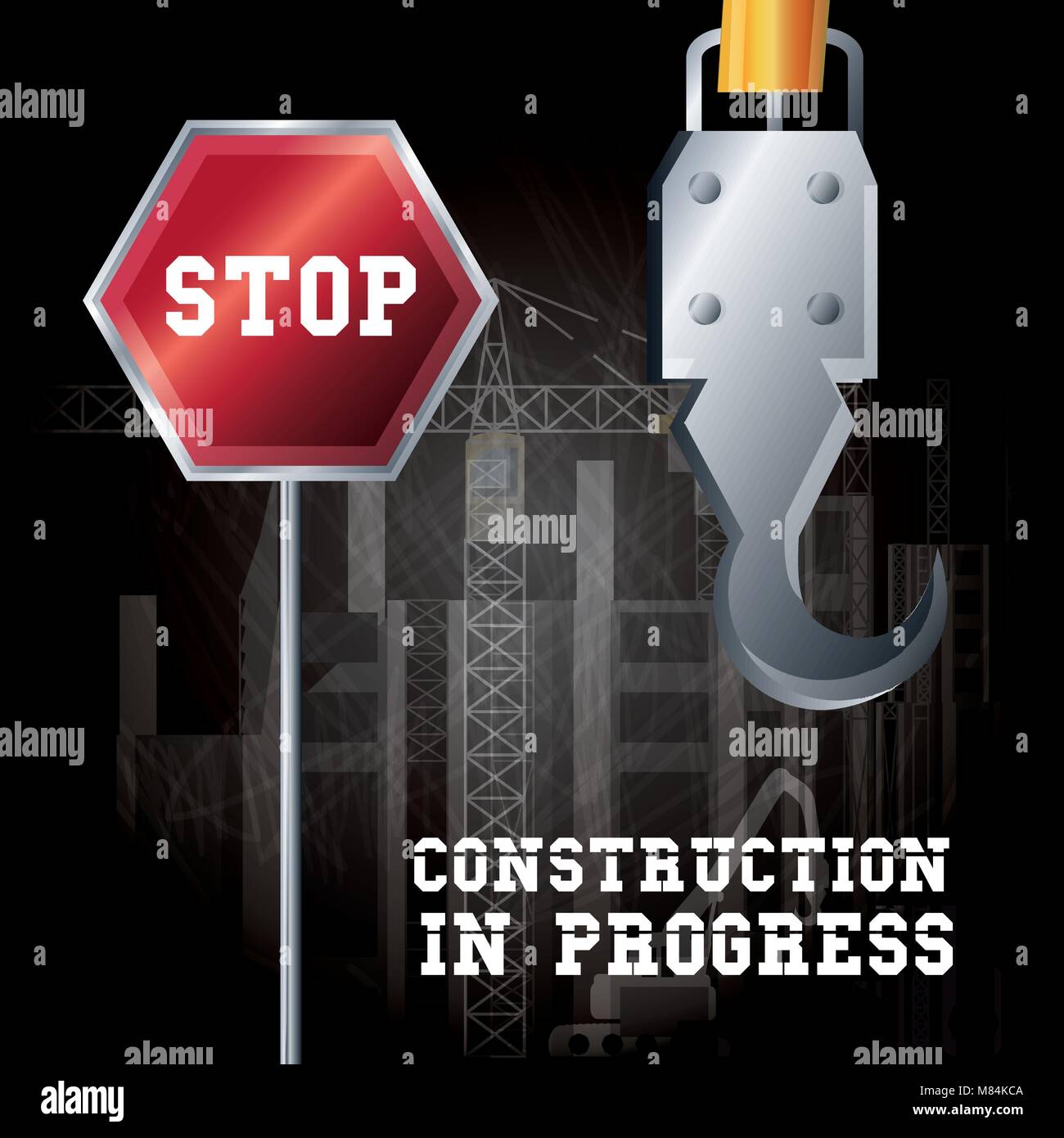 Construction progress design with stop sign and crane hanger icon ...