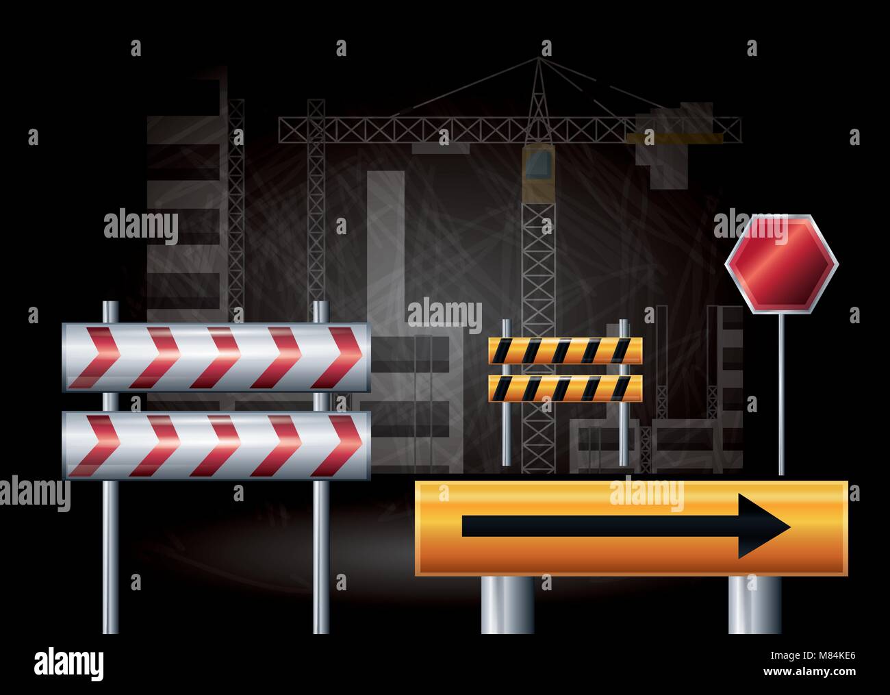 Construction progress design with barrier and warning signs, colorful ...