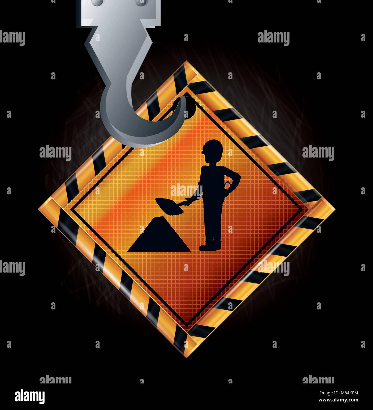 Warning sign with builder icon over black background, colorful design ...
