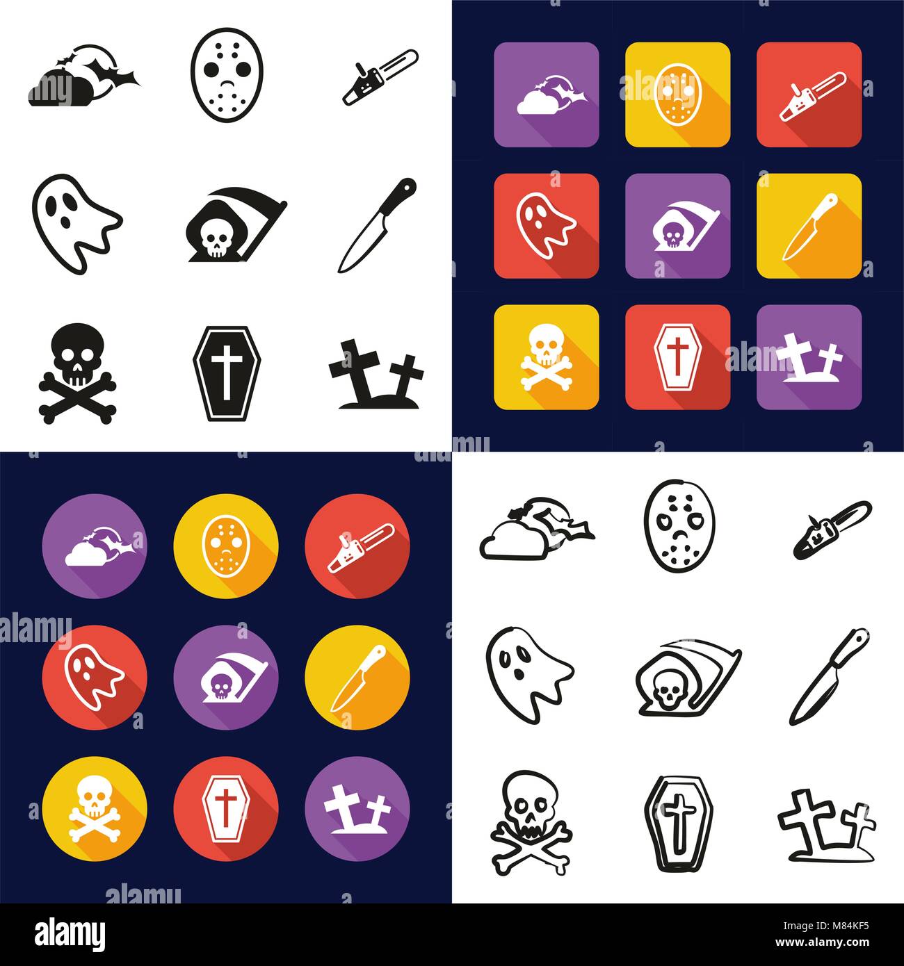 Horror All in One Icons Black & White Color Flat Design Freehand Set ...