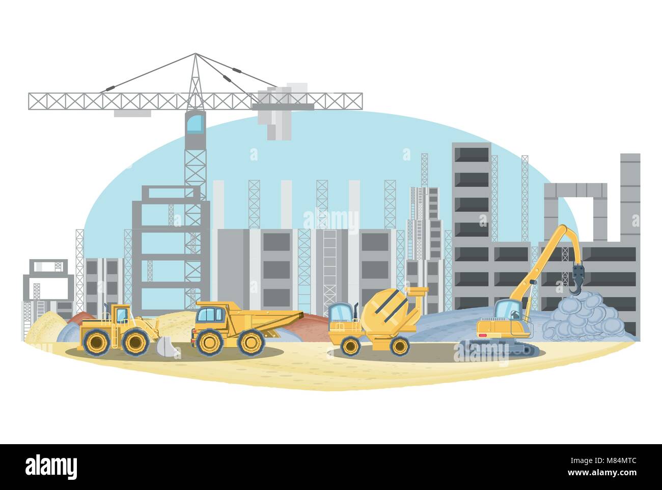 Under construction zone with construction trucks over white background ...