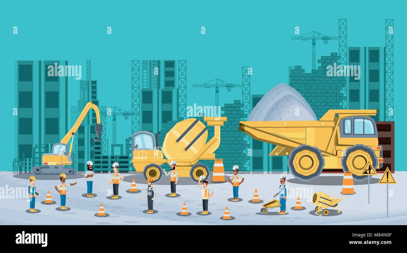 Under construction zone with builders and engineers and construction ...