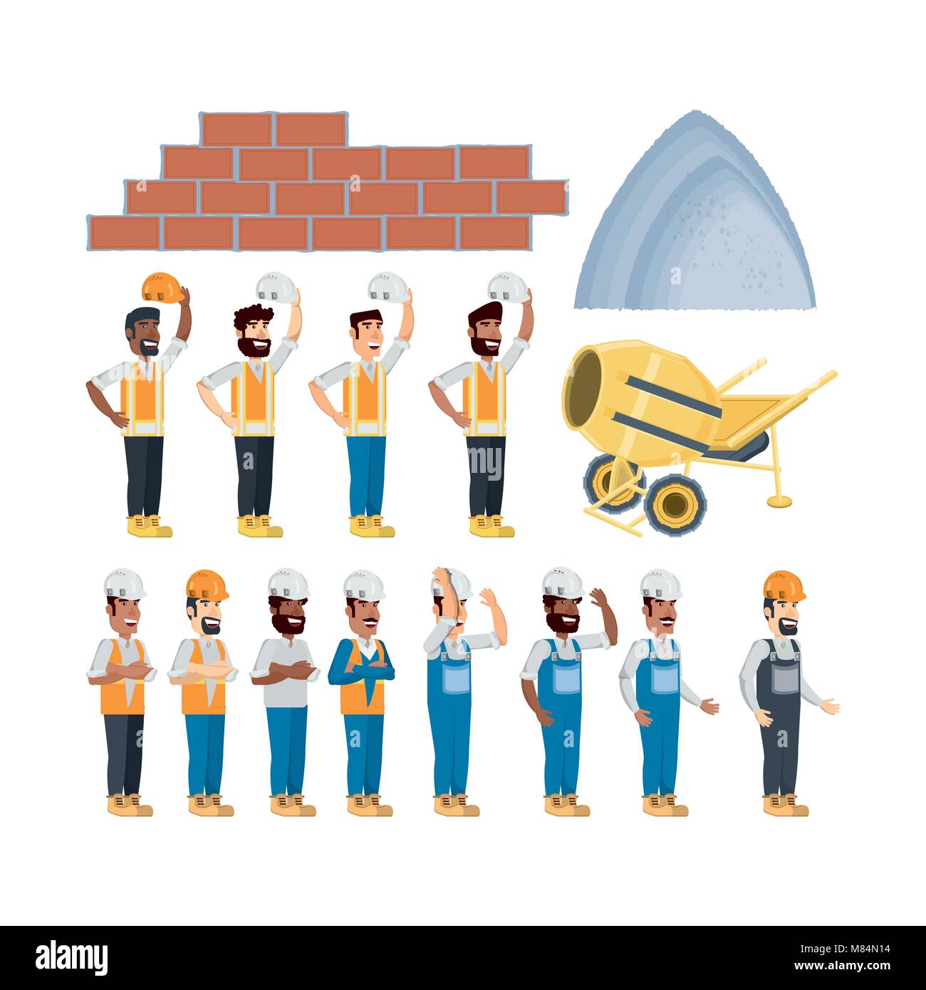 Icon set of construction builders with concrete mixer and brick walls ...