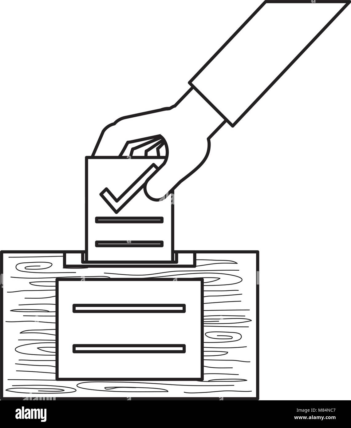 Hand putting a voting paper with a check in the ballot box over white ...
