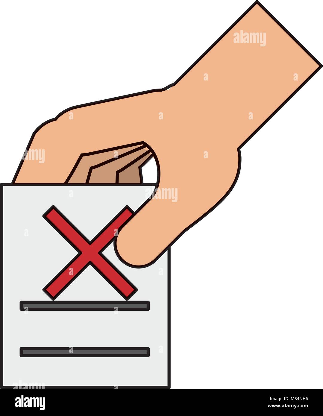 hand with votation paper with cross icon over white background ...