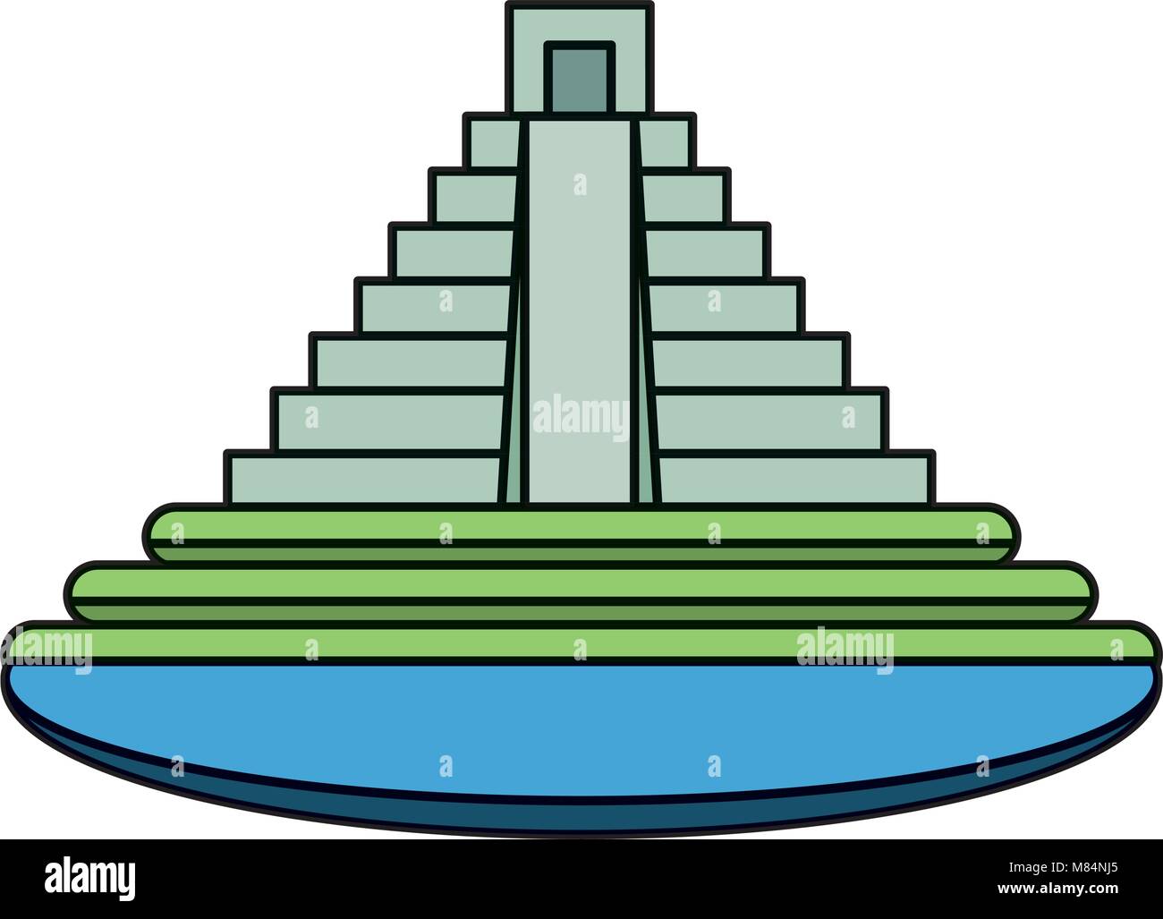 mexican pyramid surrounded by water over white background, colorful ...