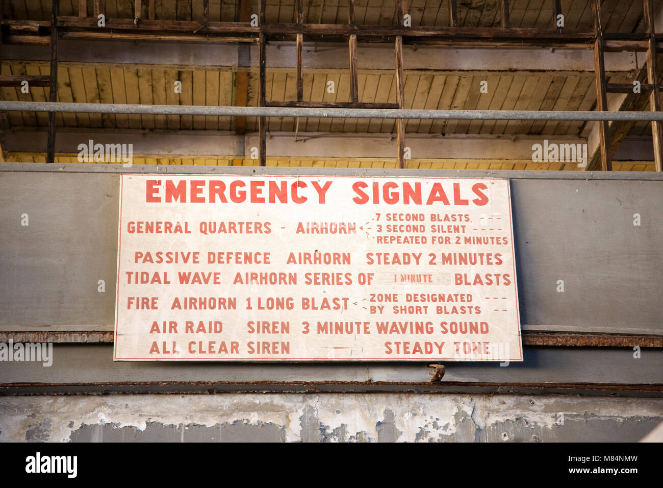 Emergency signals sign in world war II Midway seaplane hangar Stock ...