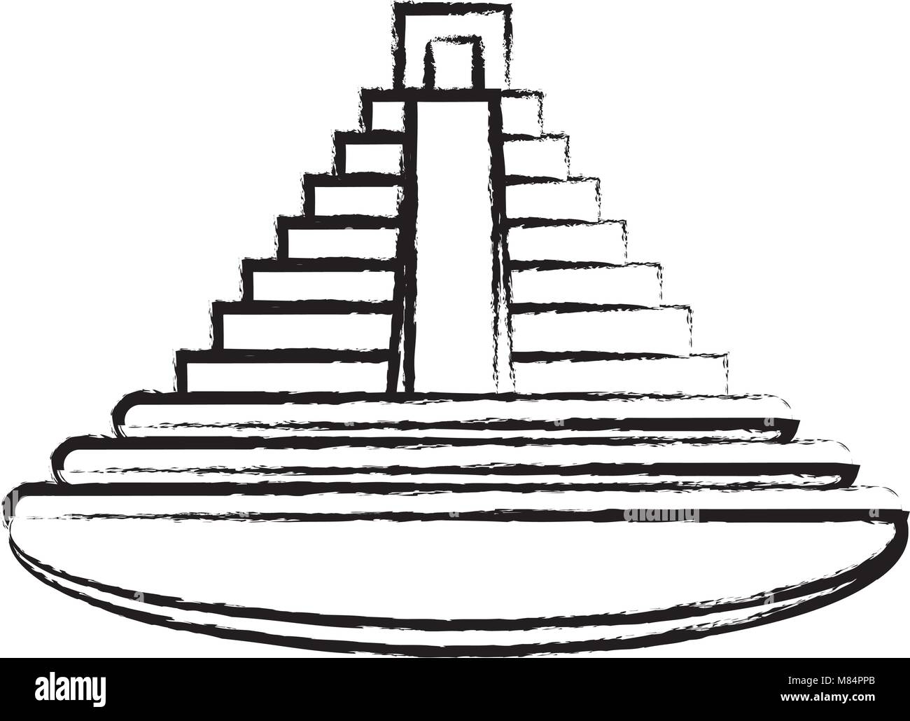 sketch of mexican pyramid surrounded by water over white background ...