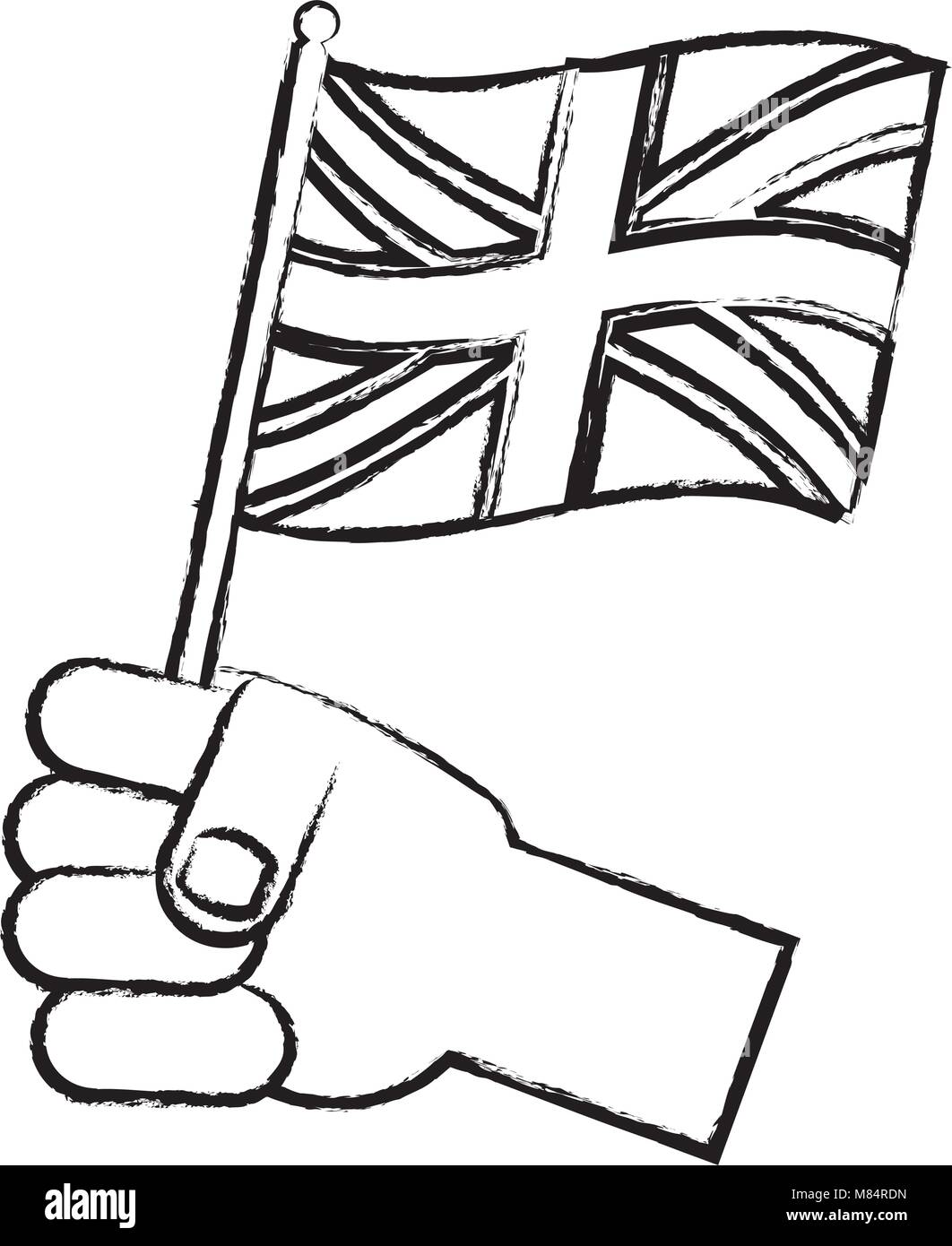 sketch of hand holding a flag of united kingdom over white background ...
