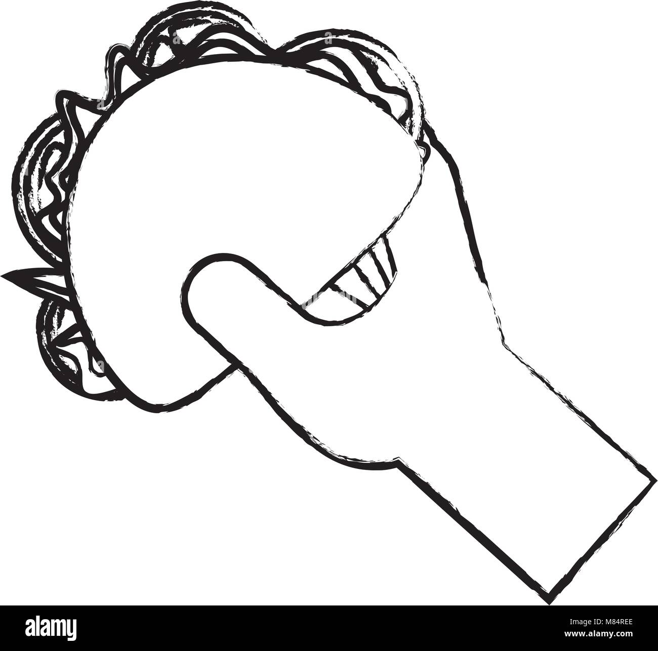 sketch of hand holding a taco icon over white background, vector ...