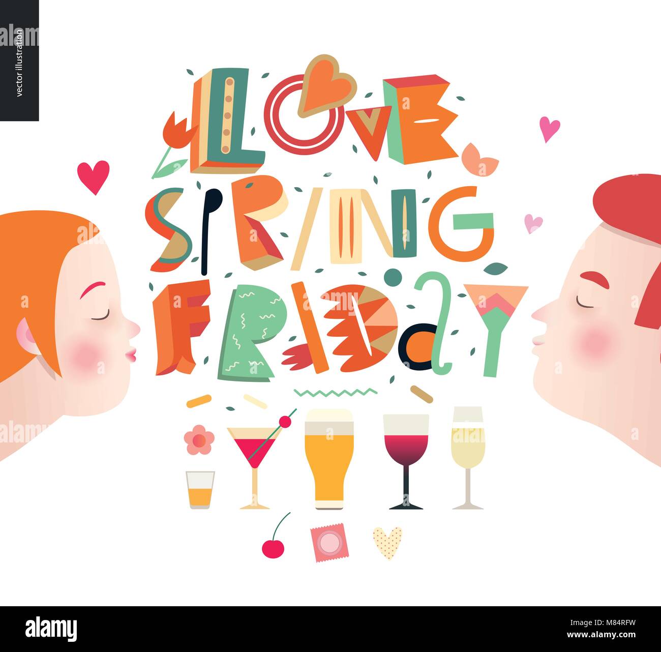 Love spring friday - lettering composition and kissing couple glasses ...