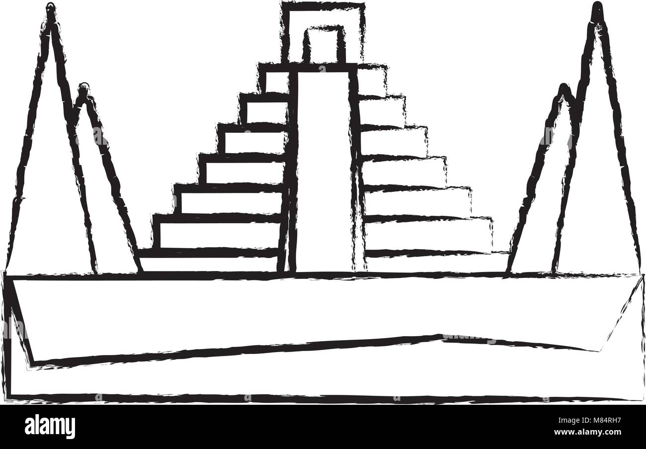 sketch of mexican pyramid surrounded by nature icon over white ...