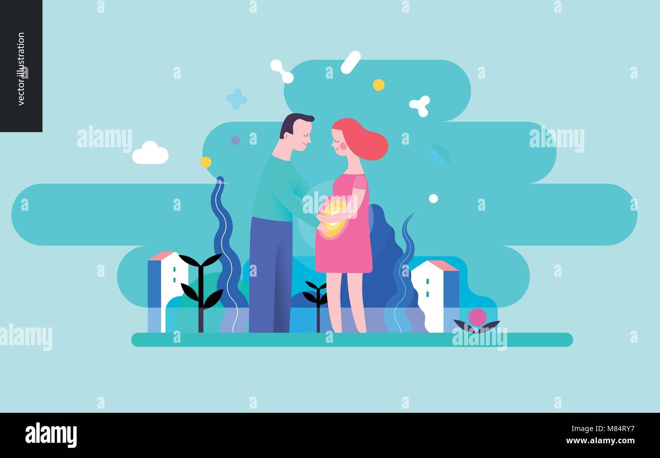 Reproduction - a couple expecting baby on a green landscape background ...