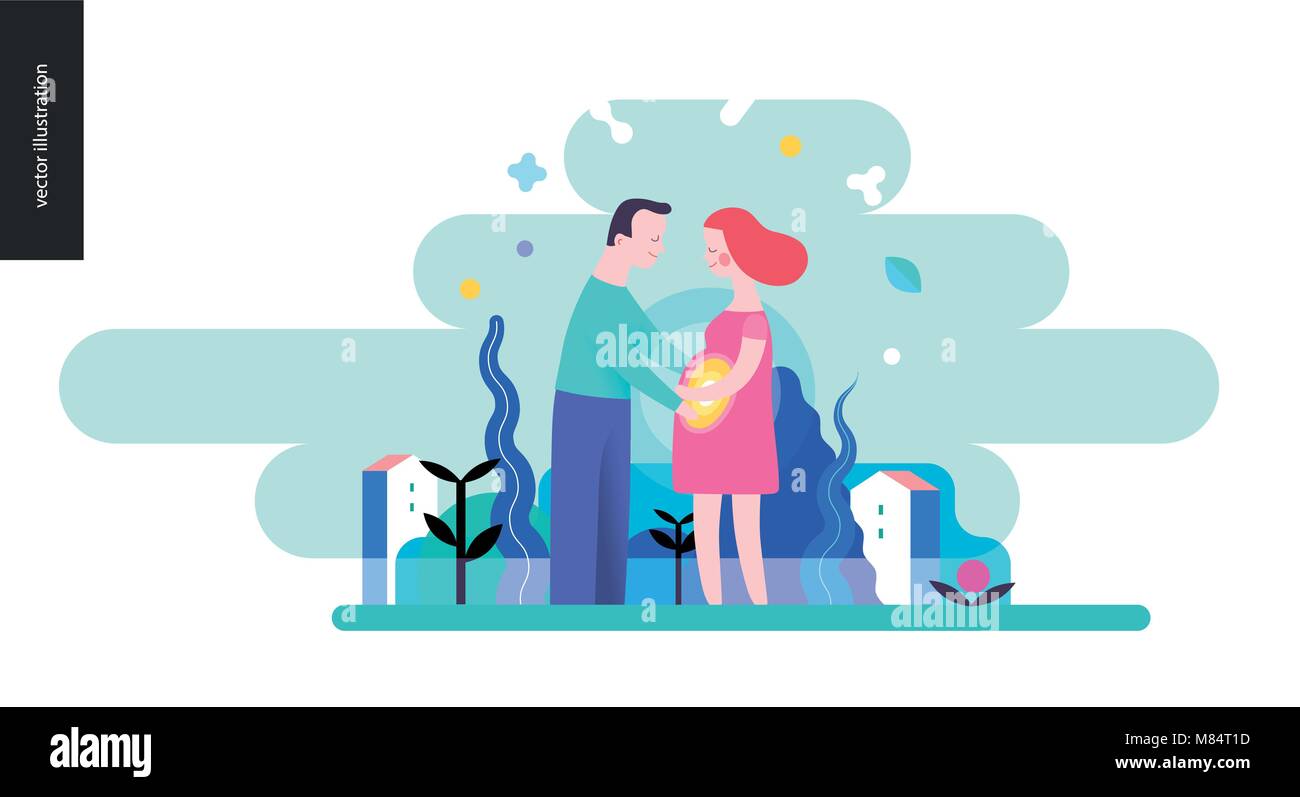 Reproduction - a couple expecting baby on a green landscape background ...