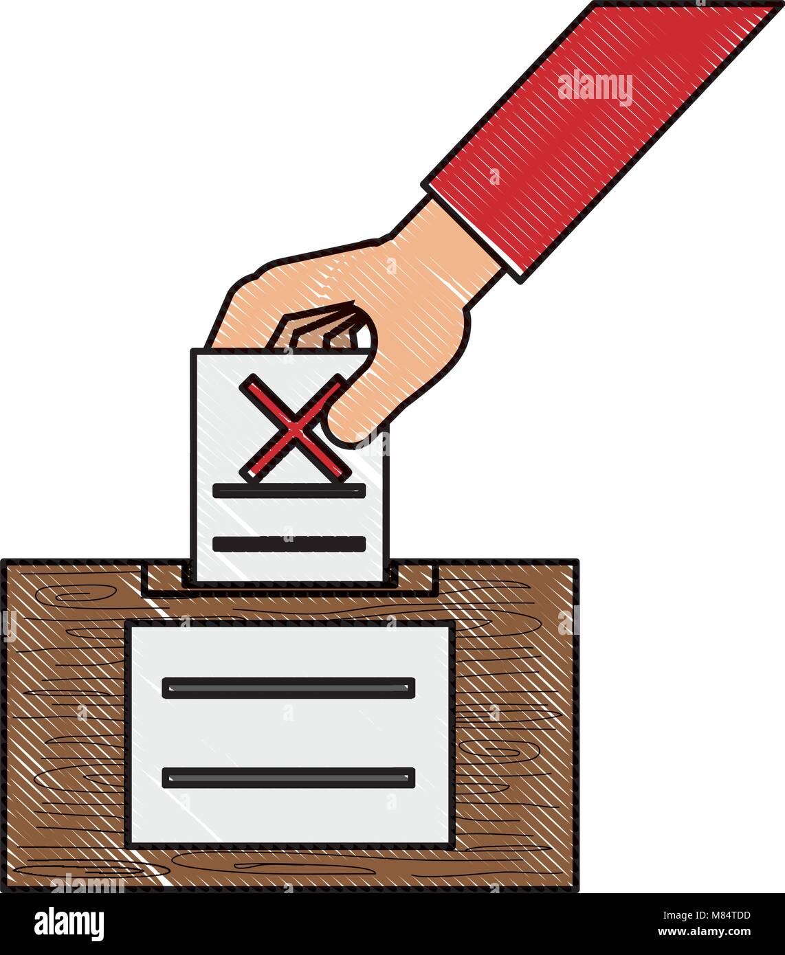 Hand putting a voting paper with a cross in the ballot box over white ...