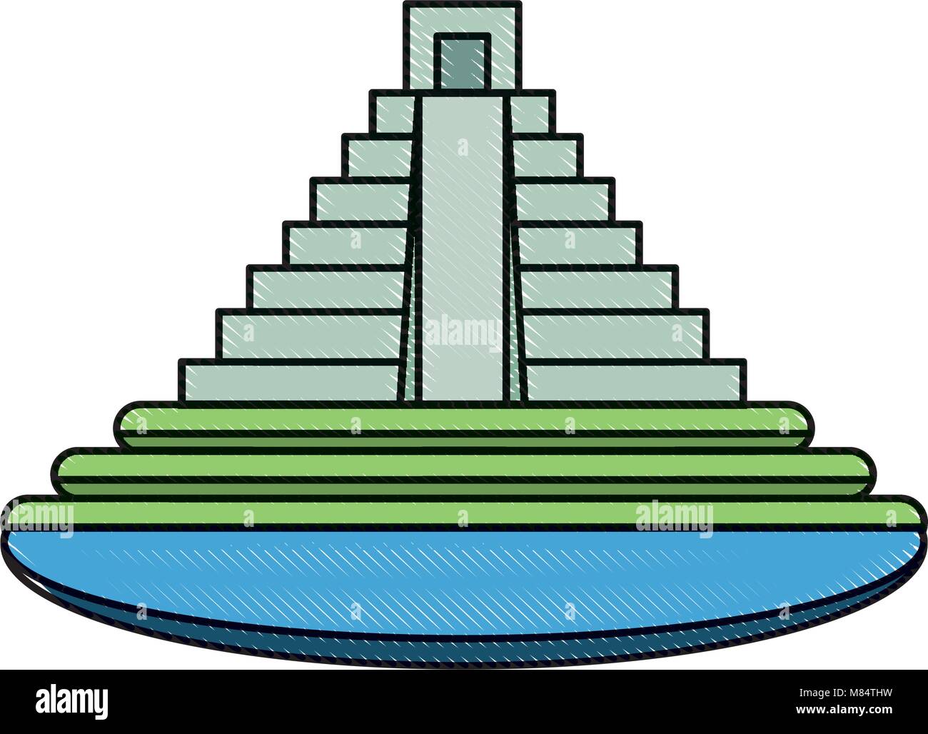 mexican pyramid surrounded by water over white background, colorful ...