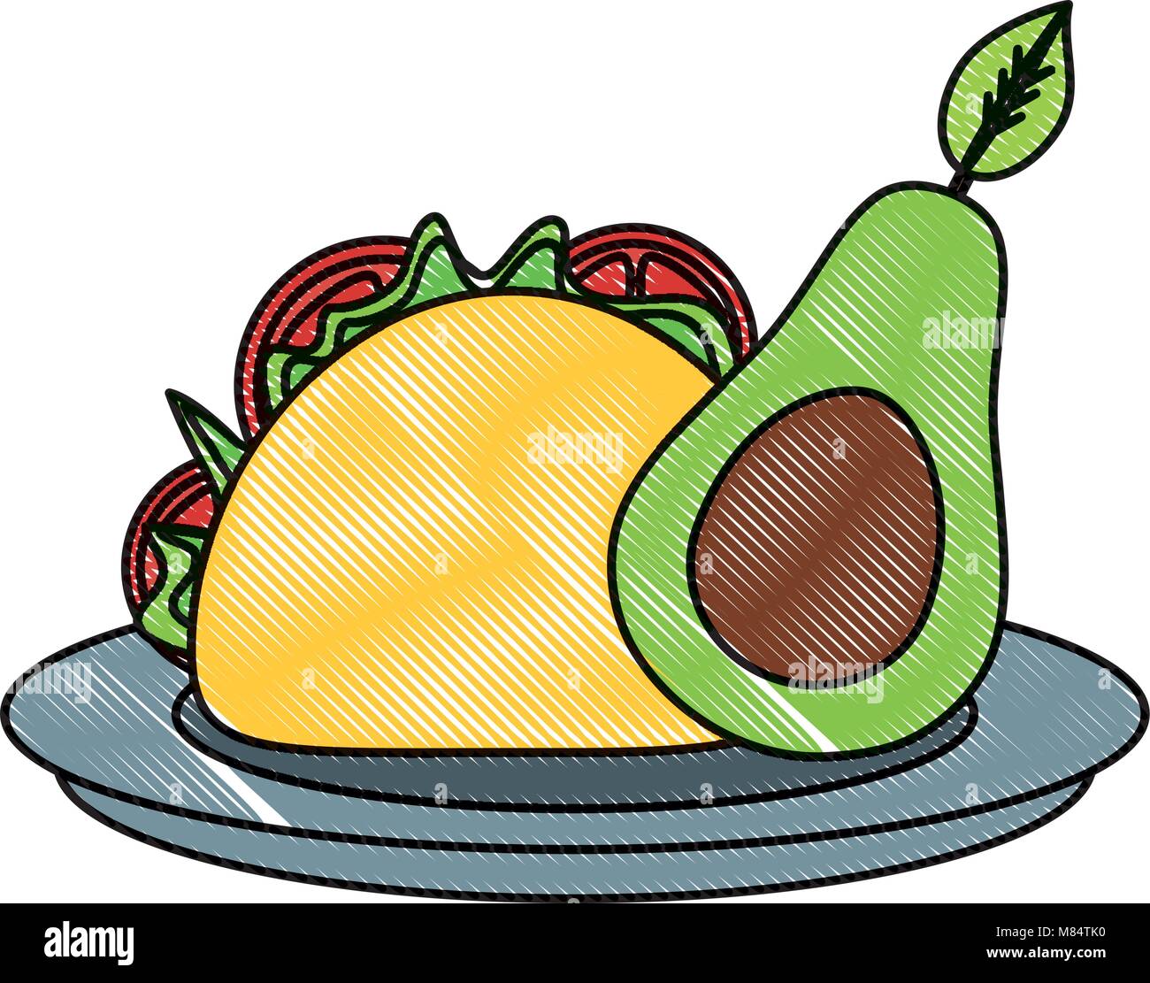 dish with taco and half avocado icon over white background, colorful ...