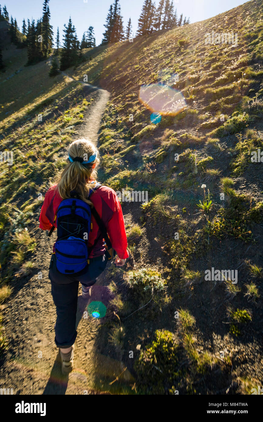 A woman hiking the High Ridge Nature Trail near Hurricane Ridge in ...