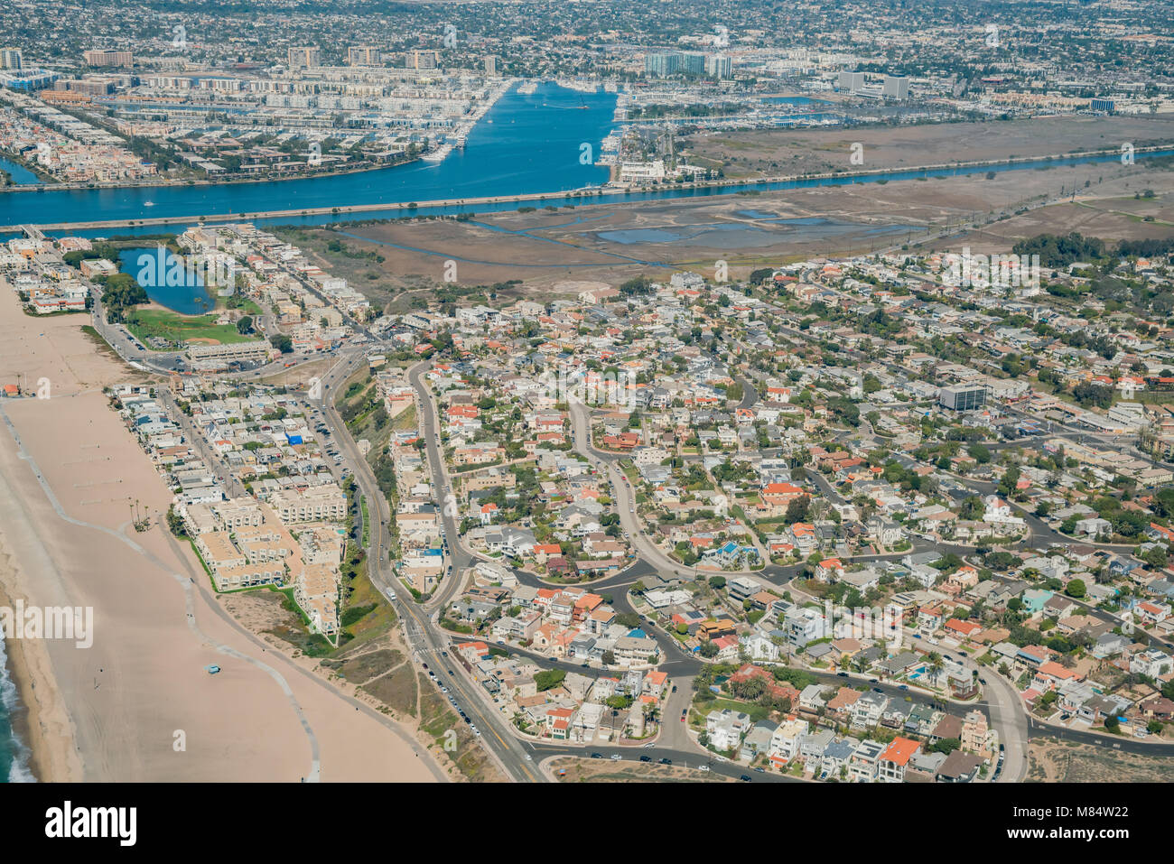 Aerial view of Marina Del Rey and Playa Del Rey aera from airplane, Los ...