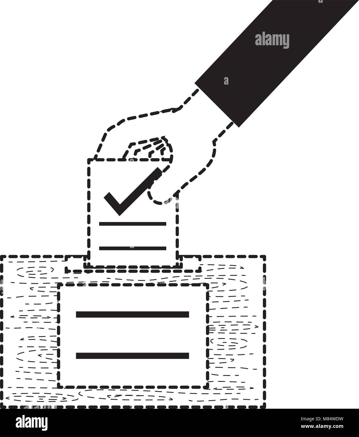 Hand putting a voting paper with a check in the ballot box over white ...