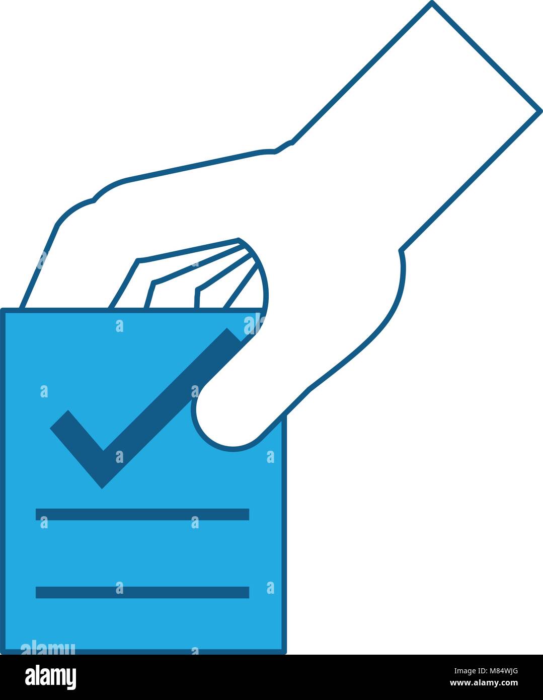 hand with votation paper with check icon over white background, blue ...