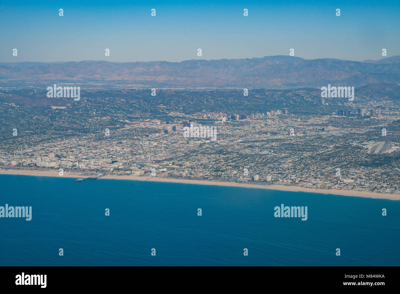 Aerial view of Santa Monica area and downtown of Los Angeles with ...